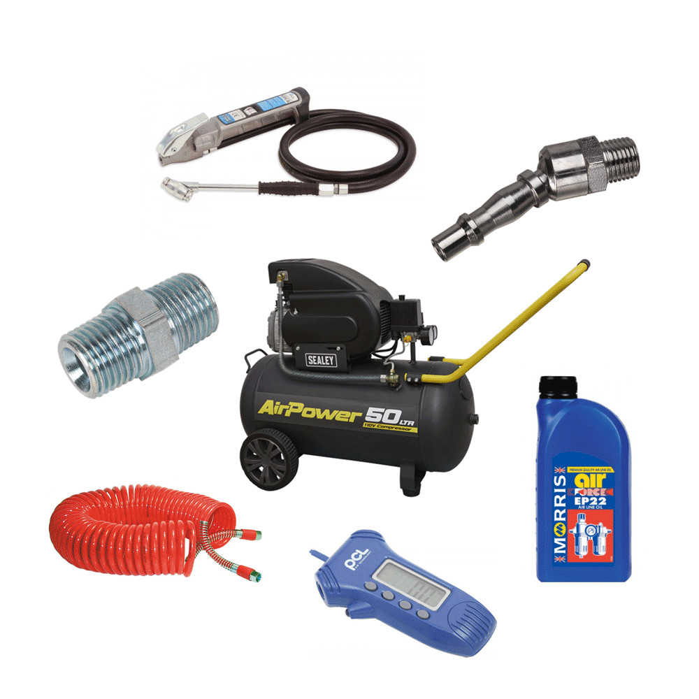 Compressor Kit 50Ltr 110V With Tyre Pressure/Depth Gauge | Air Tools ...